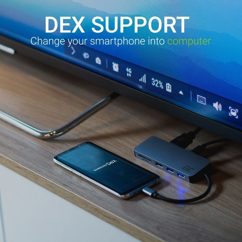 Green Cell USB-C HUB 7in1 USB 3.0 2xUSB 2.0 HDMI 4K microSD SD DEX ...