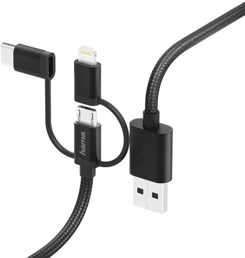 Hama, USB kábel 3v1, micro USB, USB-C, Lightning, 1,5 m, čierny | VÝPREDAJ